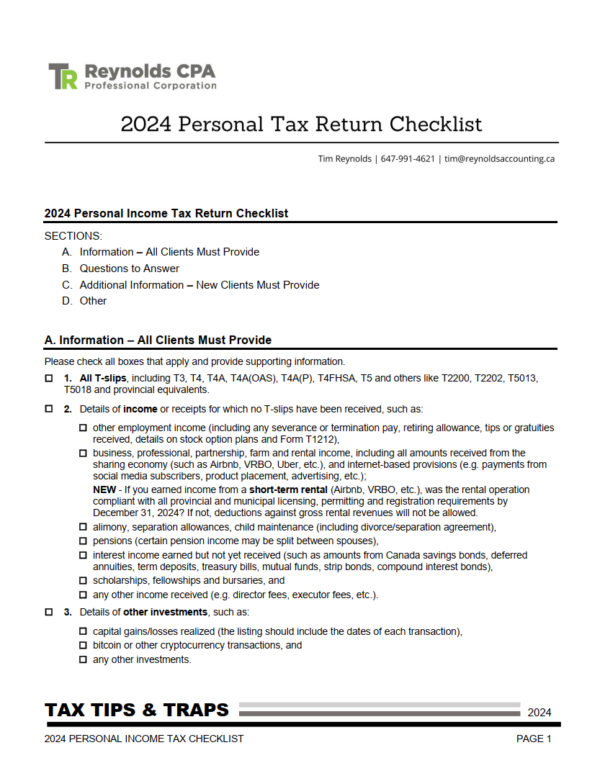 2024 Personal Income Tax Return Checklist - Reynolds CPA Professional ...